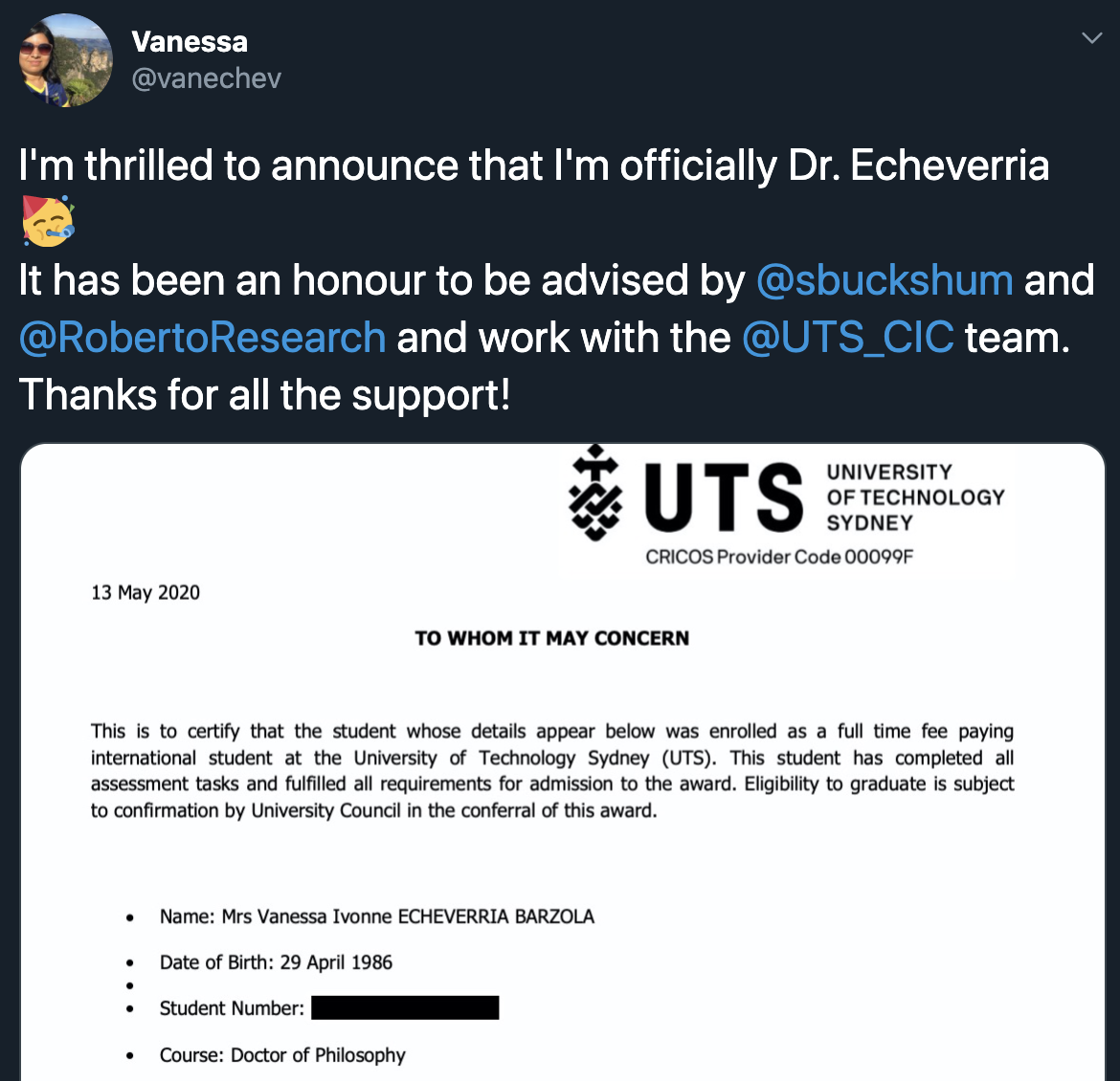 Congratulations Dr Vanessa Echeverria! | UTS:CIC